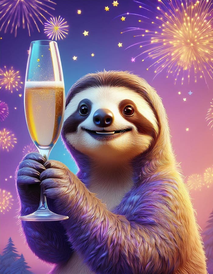 Sloth New Year Party with Fireworks Cartoon Stock Image - Image of ...