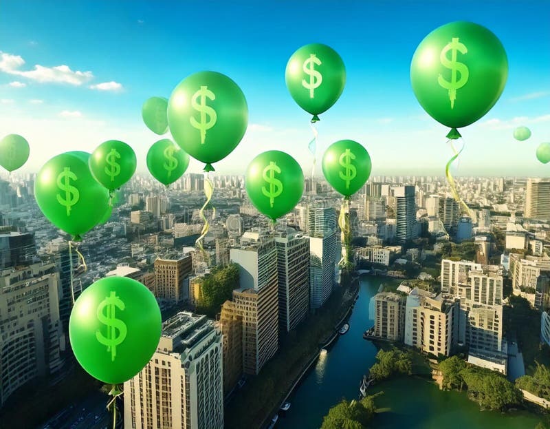 Hot Air Ballons Flying Over Modern City Stock Illustration ...