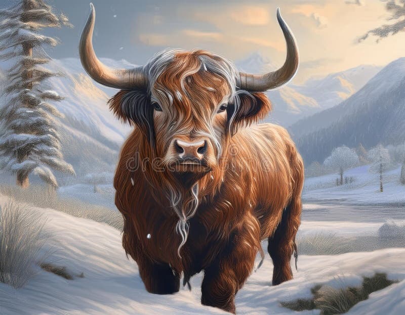 Scottish Highlander Bull in Winter Cartoon Stock Illustration ...