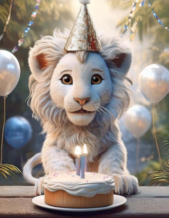 Lion Birthday Party with Cake and Balloons Cartoon Stock Illustration ...