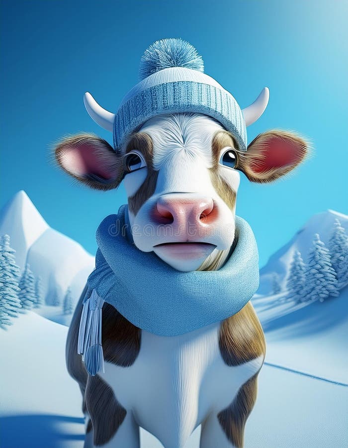 Cow with Hat in the Snow Cartoon Stock Illustration - Illustration of ...