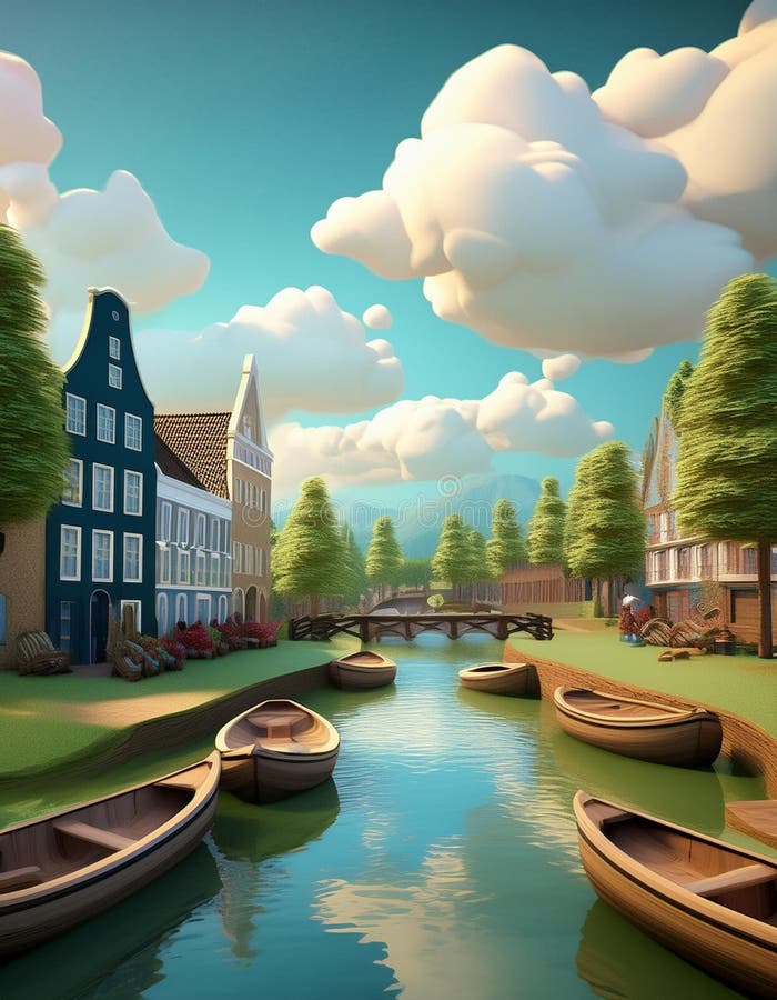 Dutch Landscape with Ditch and Boats Cartoon Stock Illustration ...