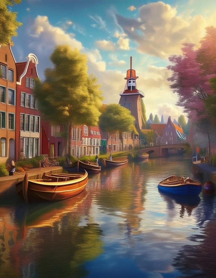 Dutch Landscape with Ditch and Boats Cartoon Stock Photo - Image of ...