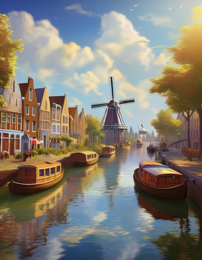 Dutch Landscape with Ditch and Boats Cartoon Stock Image - Image of ...