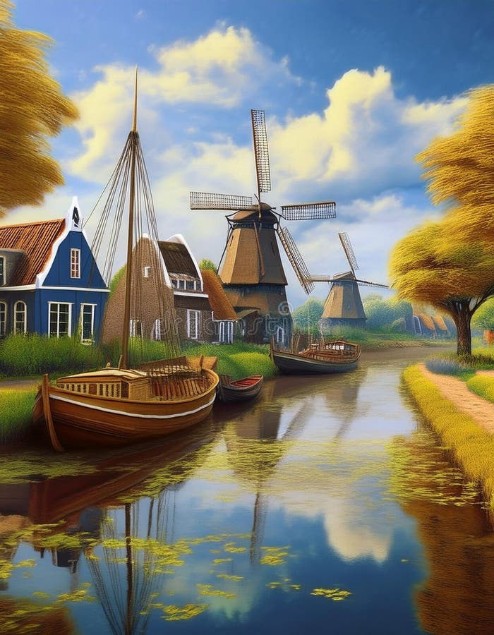 Dutch Landscape with Ditch and Boats Cartoon Stock Image - Image of ...