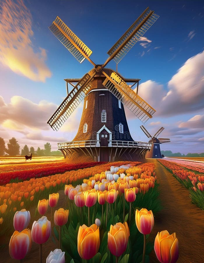Windmill in Bulbfield Dutch Landscape Cartoon Stock Illustration ...