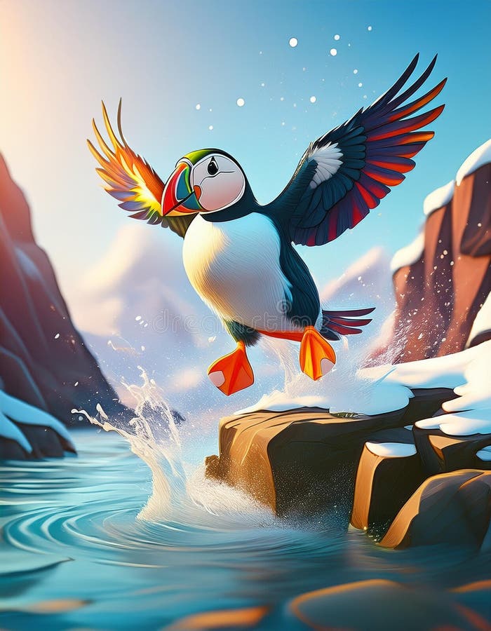 Puffin on rocks cartoon stock illustration. Illustration of winter ...