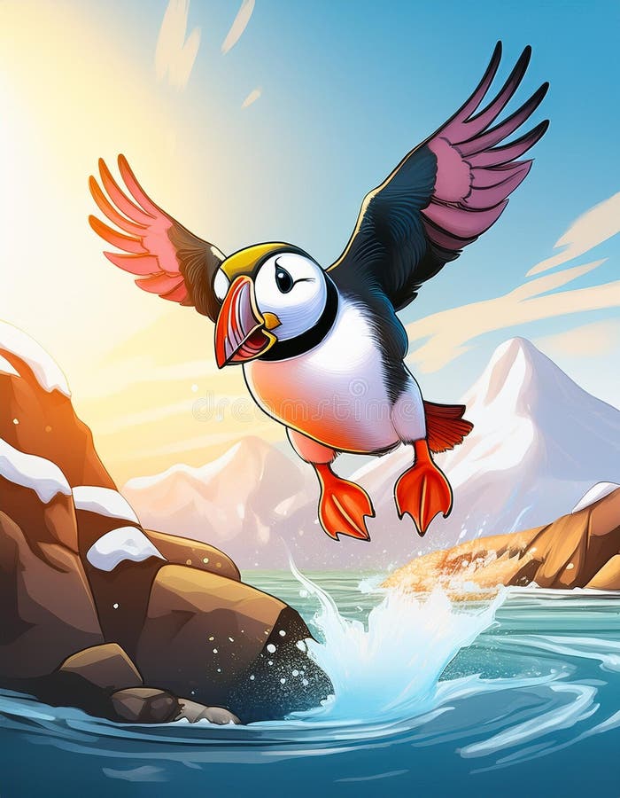 Puffin on rocks cartoon stock illustration. Illustration of wings ...