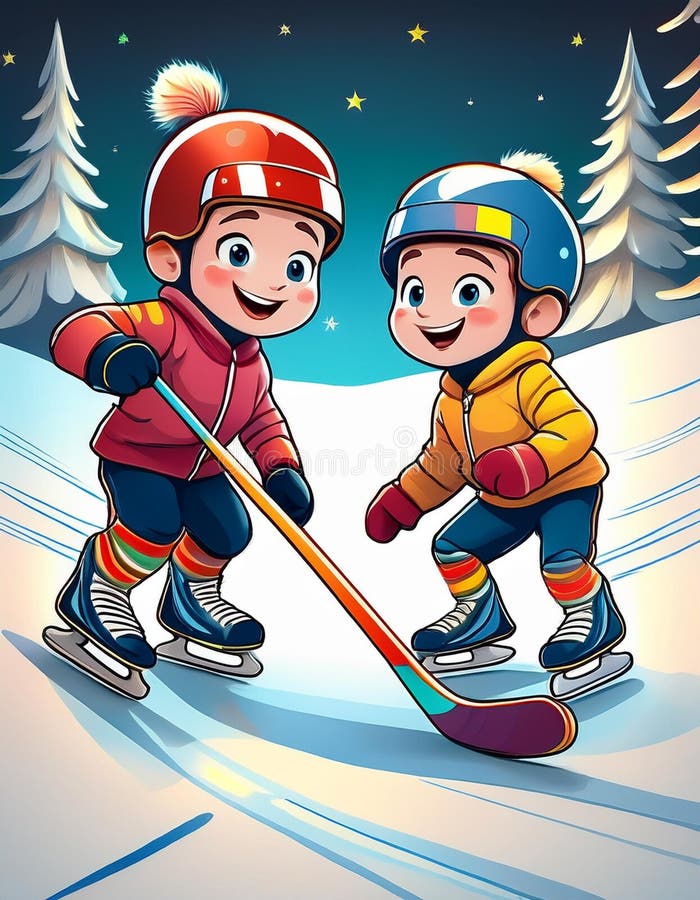 Children Playing Icehockey in Winter Park Cartoon Stock Illustration - Illustration of fantasy ...