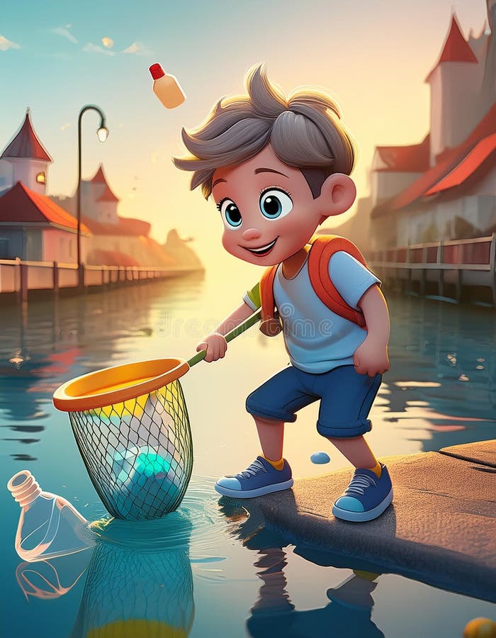 Child Cleaning Canal Pollution in City Cartoon Stock Illustration ...