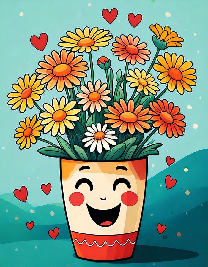 Cheerful Smiling Vase with Flowers and Hearts. Cartoon Illustration ...
