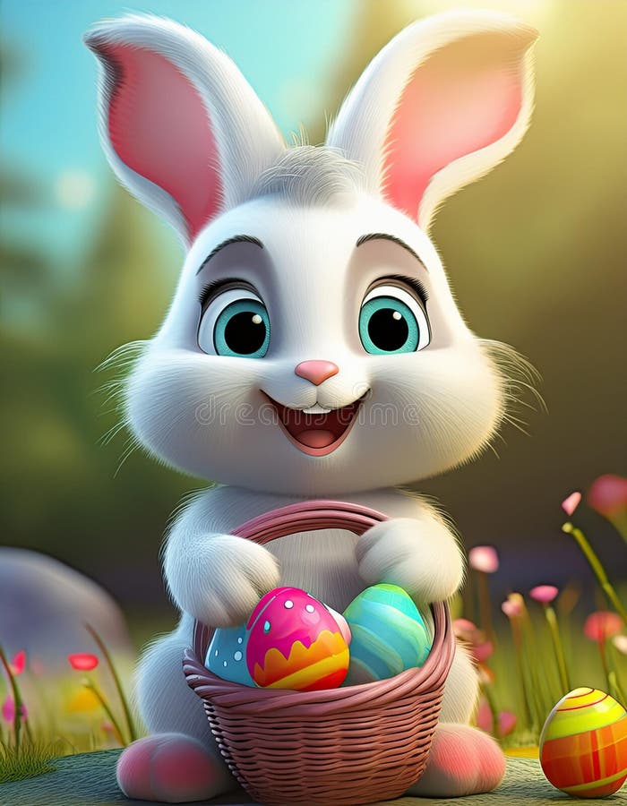 Easter Bunny Rabbit with Easter Eggs in Basket Cartoon Stock ...
