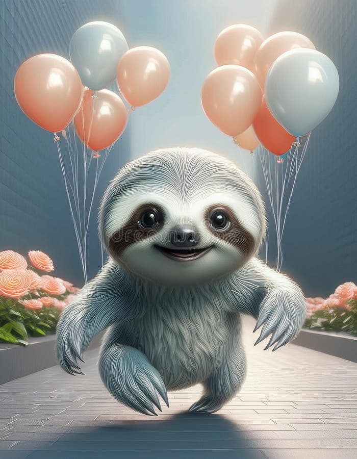 Sloth Valentine Birthday with Roses and Balloons Cartoon Stock ...