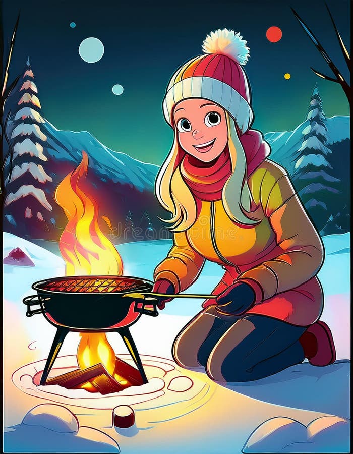 Winter Barbecue in Winter Snow Landscape Cartoon Stock Illustration ...