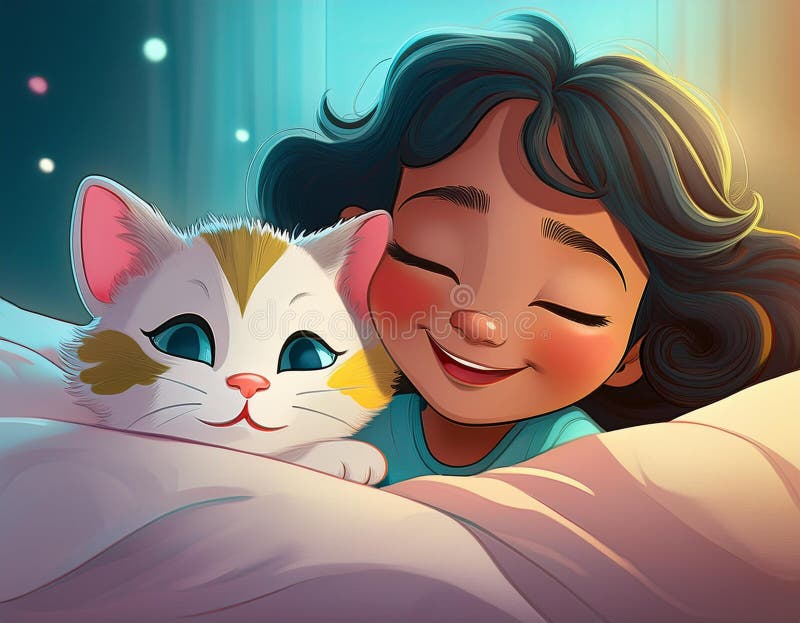 Cat and Child Sleeping Cartoon Stock Illustration - Illustration of ...
