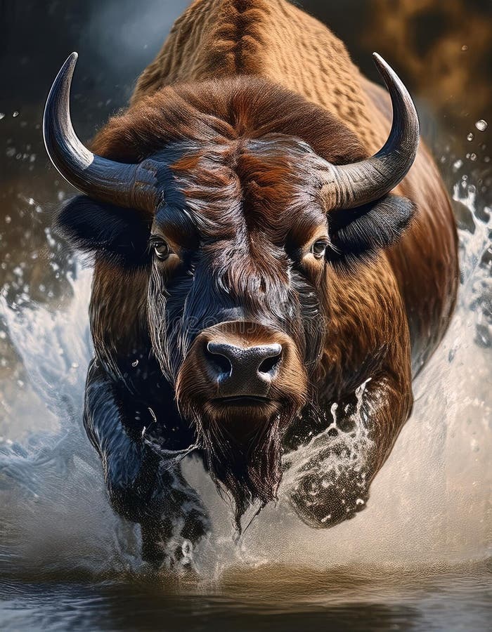 Bison Running in Water Cartoon Stock Photo - Image of wildlife, lake ...