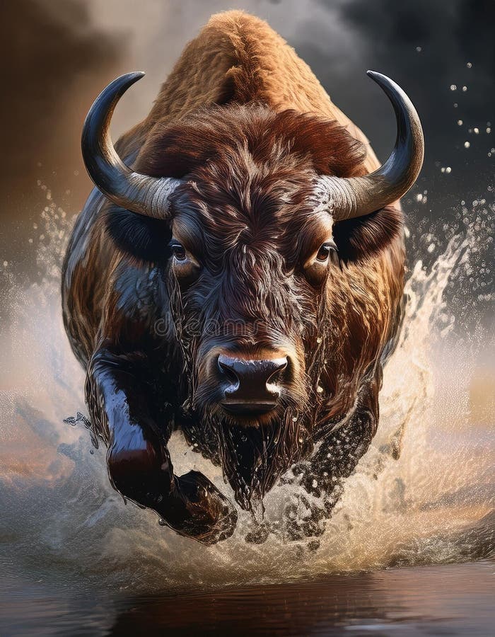 Bison Running in Water Cartoon Stock Photo - Image of poster, buffalo ...