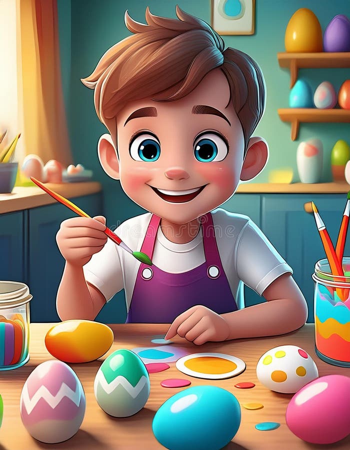 Child Painting Easter Eggs Cartoon Stock Illustration - Illustration of ...