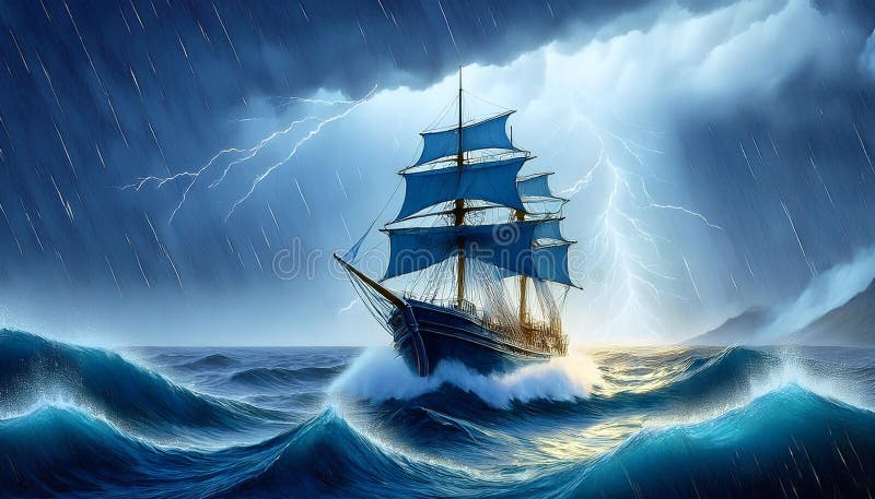 Boat on a Turbulent Seascape Stock Illustration - Illustration of night ...