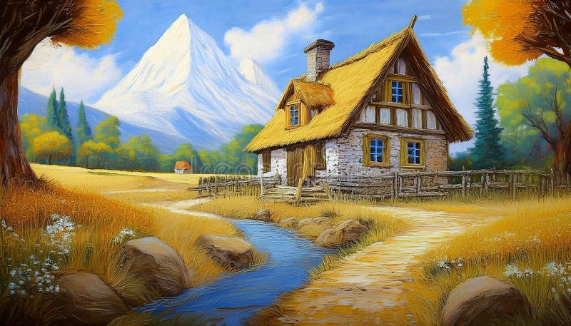 Cozy Fantasy Cottage Scenery Stock Illustration - Illustration of ...