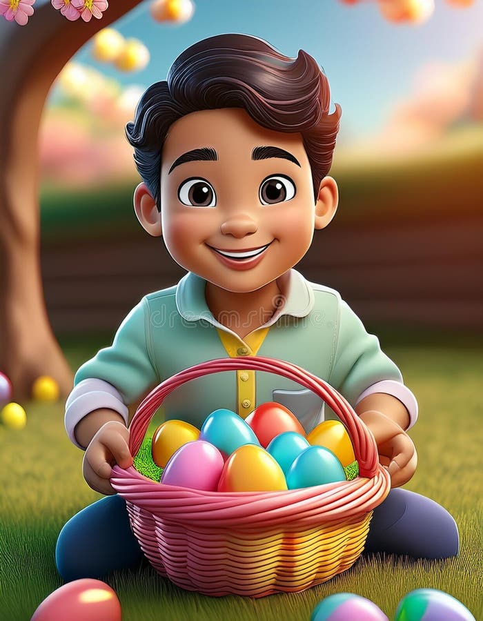 Child with Easter Eggs in Basket Cartoon Stock Illustration - Illustration of children, outdoors ...
