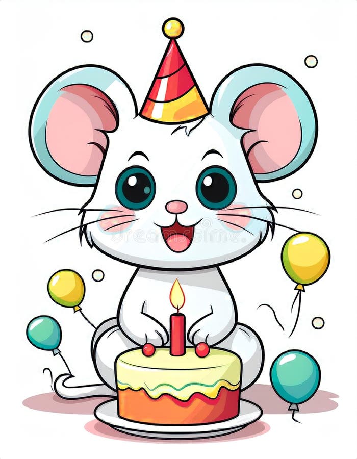 Mouse Birthday Party with Cake and Balloons Cartoon Stock Image - Image ...