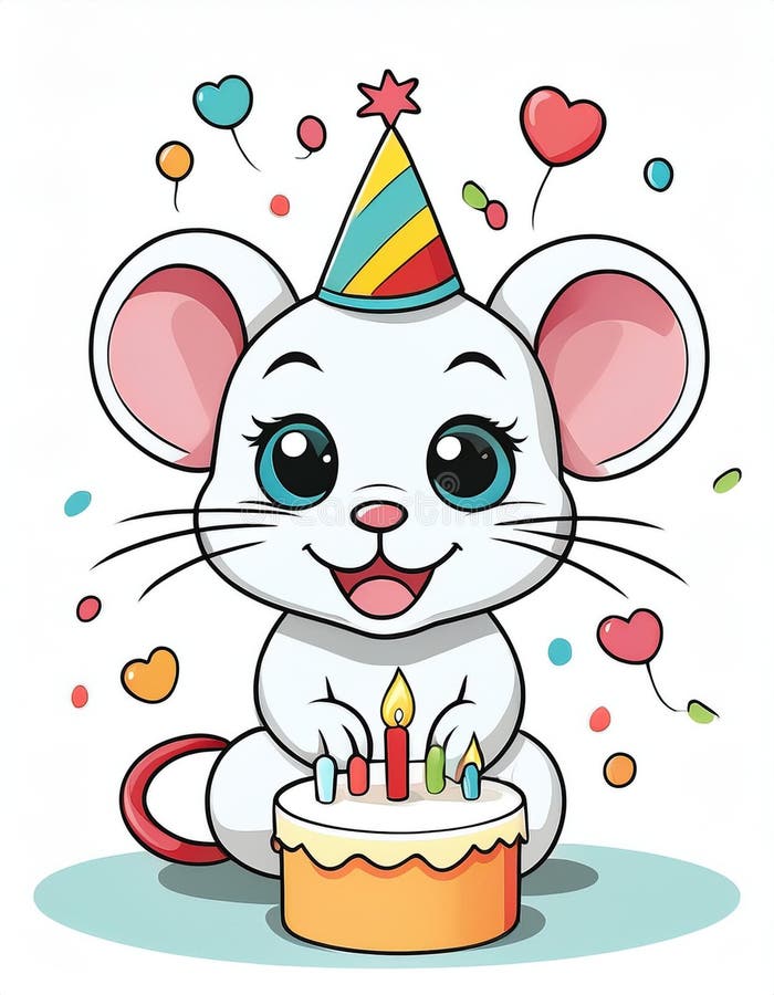 Mouse Birthday Party with Cake and Balloons Cartoon Stock Image - Image ...