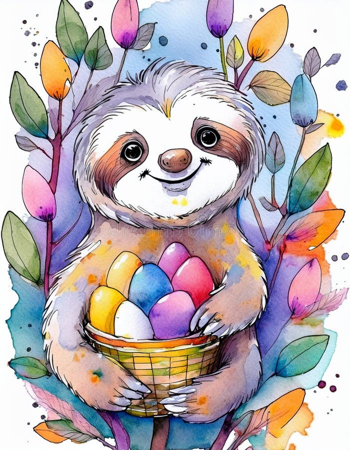 Sloth Easter Eggs in Basket Cartoon Stock Photo - Image of color ...