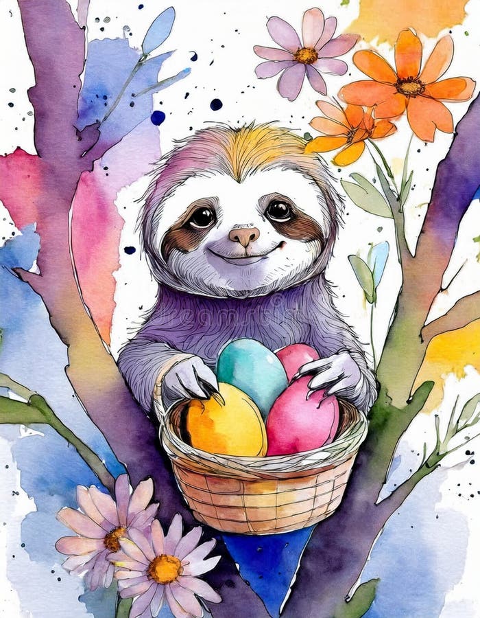 Sloth Easter Eggs in Basket Cartoon Stock Image - Image of card ...