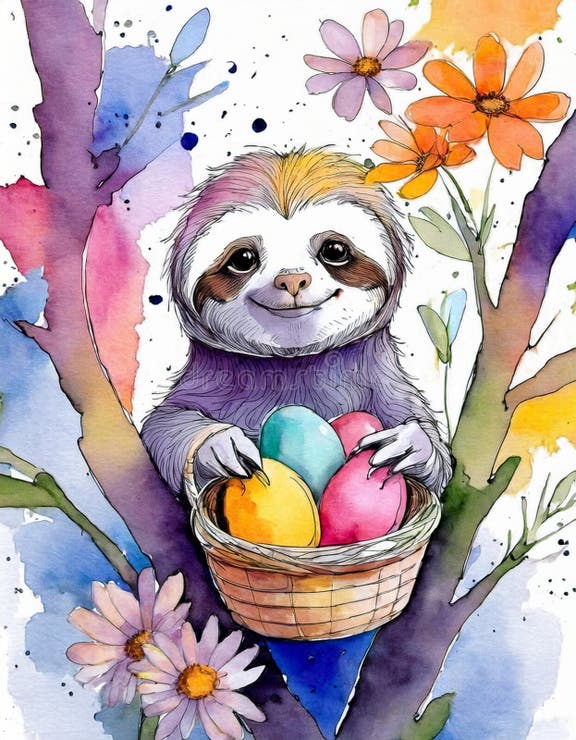 Sloth Easter Eggs in Basket Cartoon Stock Image - Image of card ...
