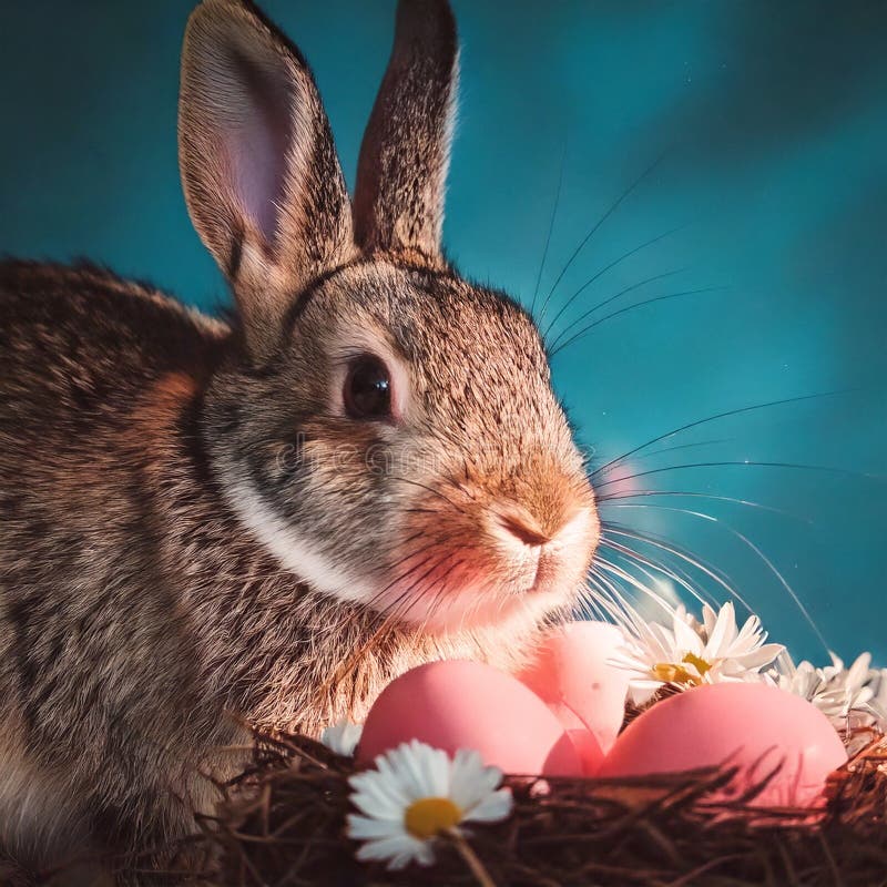 Bunnies at Easter Nature Setting with Easter Coloured Eggs Stock Photo ...