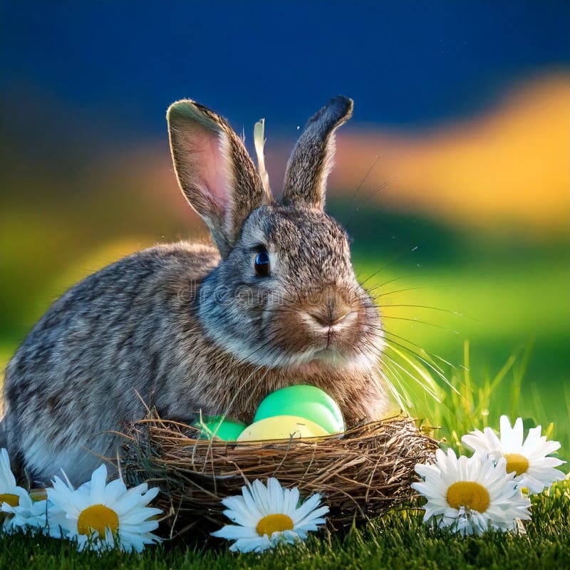 Bunnies at Easter Nature Setting with Easter Coloured Eggs Stock Photo ...
