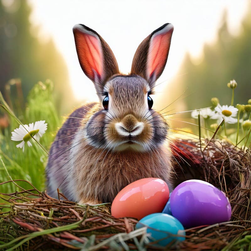 Bunnies at Easter Nature Setting with Easter Coloured Eggs Stock Photo ...