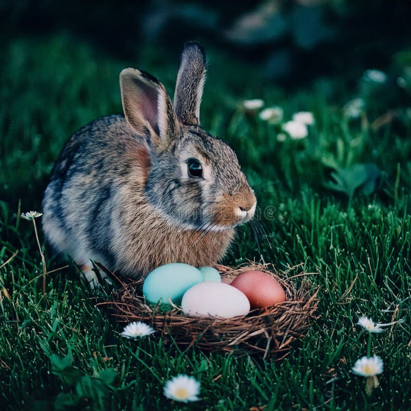 Bunnies at Easter Nature Setting with Easter Coloured Eggs Stock Image ...