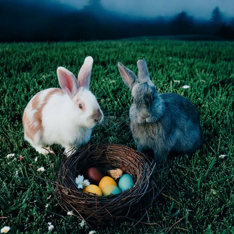 Bunnies at Easter Nature Setting with Easter Coloured Eggs Stock Image ...