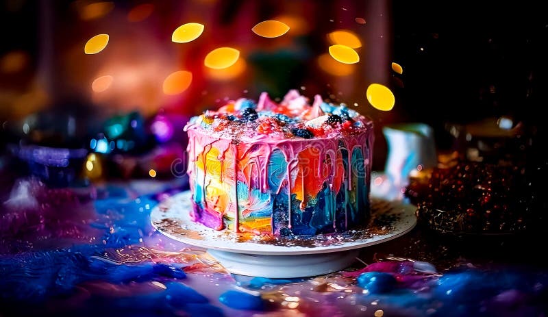 An Artistic Generated Image of a Birthday Cake Iced in Bright Coloured ...