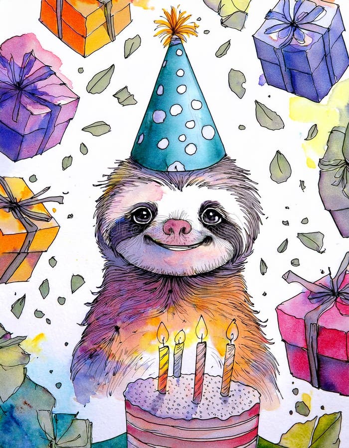 Sloth Birthday Party Card with Cake and Balloons Cartoon Stock Image ...