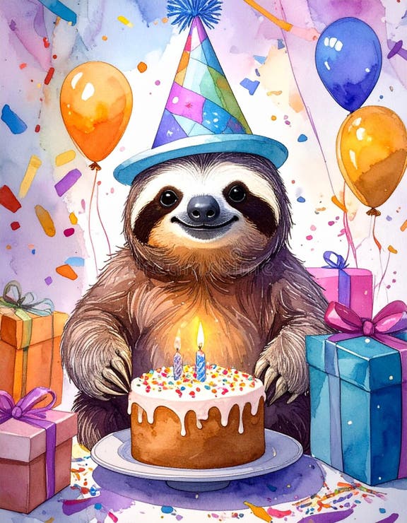 Sloth Birthday Party Card with Cake and Balloons Cartoon Stock Photo ...