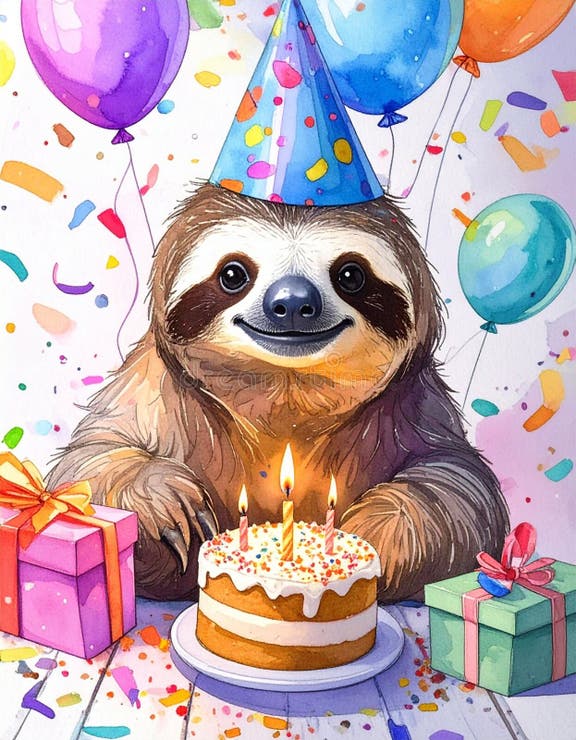 Sloth Birthday Party Card with Cake and Balloons Cartoon Stock Photo ...