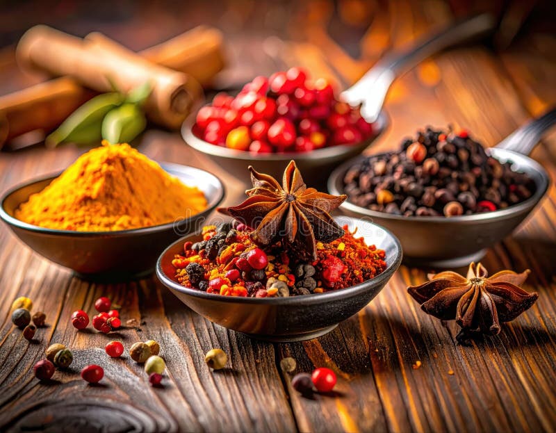 An Array of Spices Displayed on Wooden Surface Stock Illustration ...