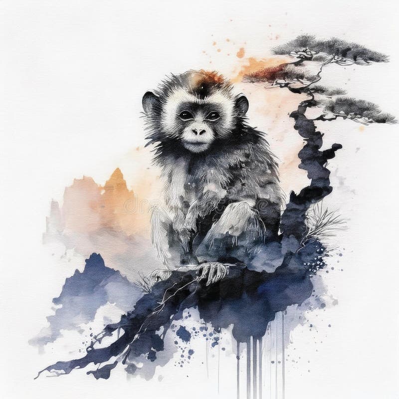 Watercolor Monkey Portrait with Abstract Color Splashes Stock Vector ...