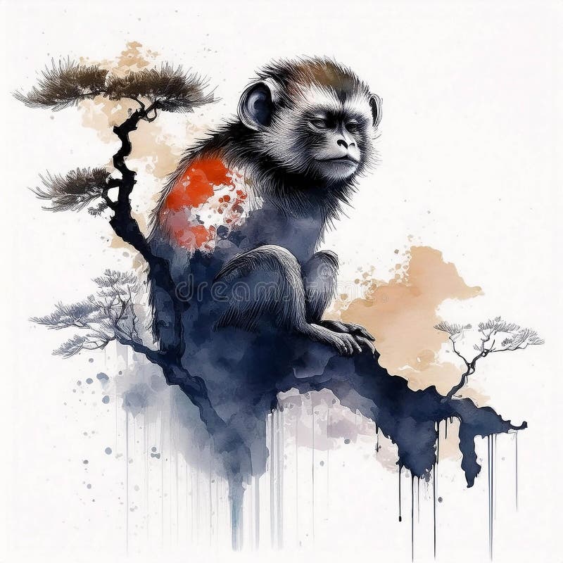 Watercolor Monkey Portrait with Abstract Color Splashes Stock Vector ...