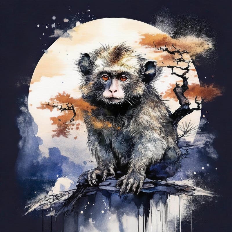 Watercolor Monkey Portrait with Abstract Color Splashes Stock Vector ...