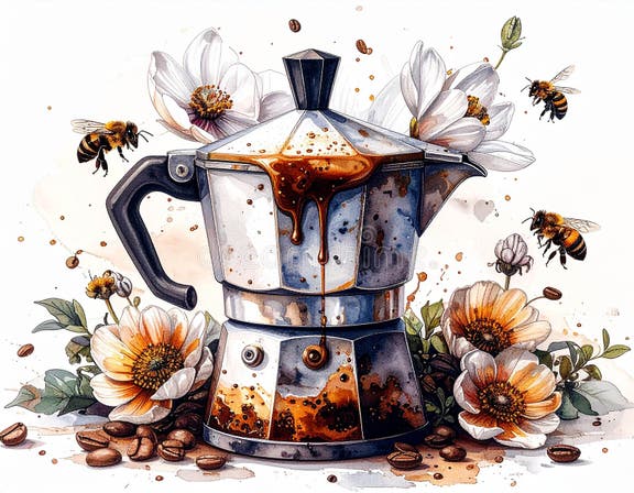 Moka Pot with Bees and Flowers – AI-generated Coffee and Nature ...