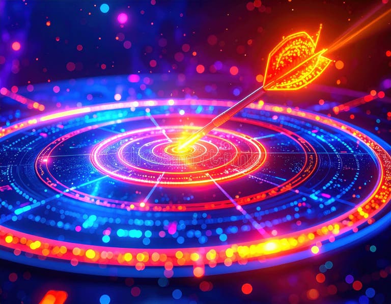Glowing Neon Dart Hits the Bullseye on a Digital Target Surrounded by Vibrant, Colorful Light ...