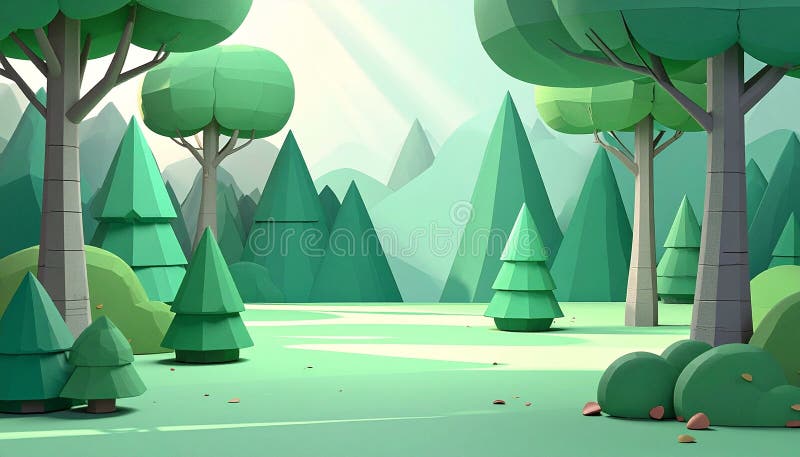 AI Generated Cartoonish Forest with Abstract Trees with Cone and Sphere ...