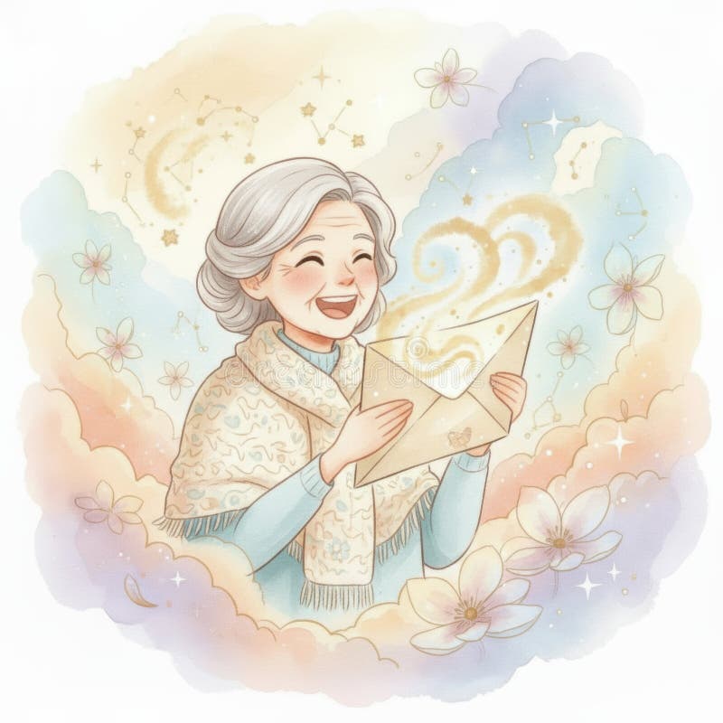Elderly Woman is Joyfully Reading a Magical Letter Surrounded by Whimsical Clouds and Stars ...
