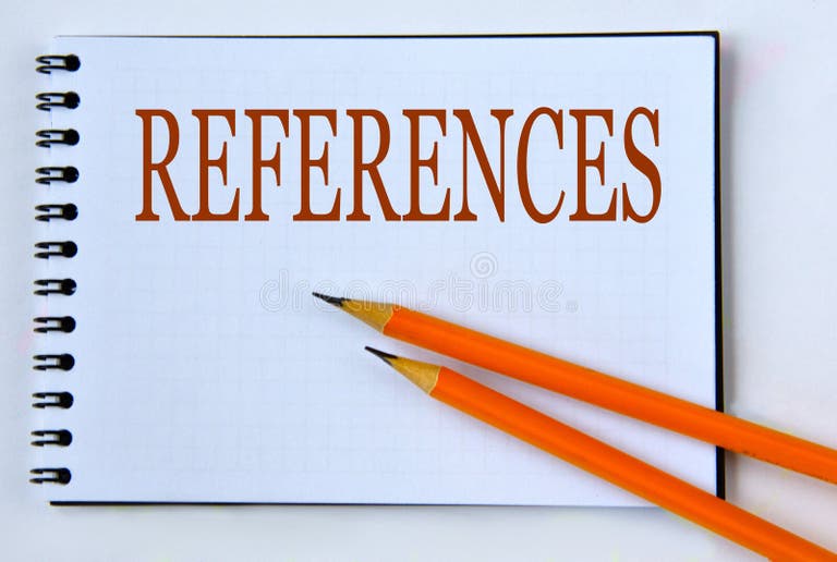 REFERENCES - Word in Notebook on White Background with Pencils Stock ...