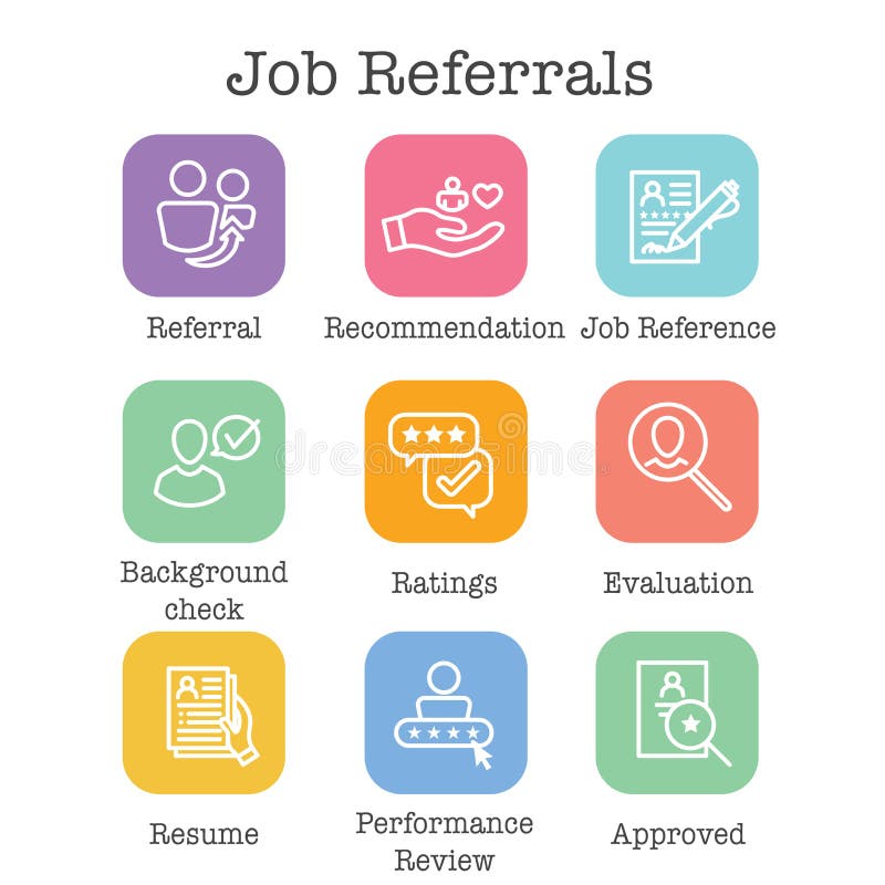 Referral Job Reference Icon Set with Recommendations, Performance ...