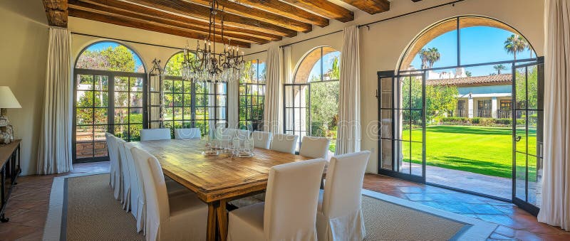 Refined Dining Room with Arched Windows and Scenic Garden Views Stock ...